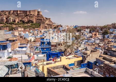 Jodhpur old blue city viewed from above at sunrise, India Stock Photo ...