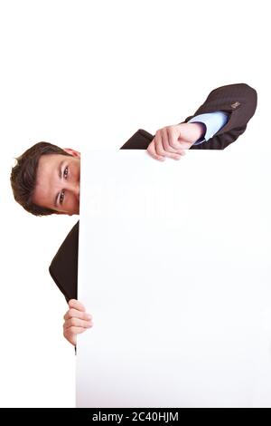 Businessman hiding face behind paper sheet. Working business mechanism ...