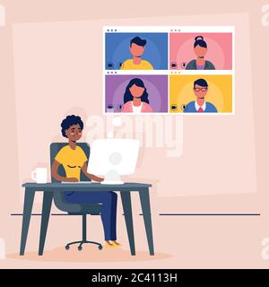 afro man using desktop in virtual conference communication vector ...