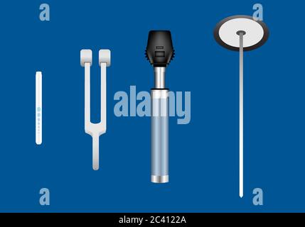 Set of neurological examination instruments including reflex hammer ...