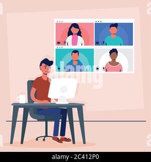 afro man using desktop in virtual conference communication vector ...