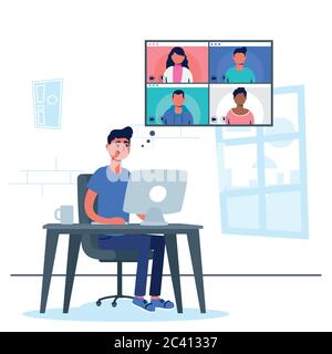 afro man using desktop in virtual conference communication vector ...