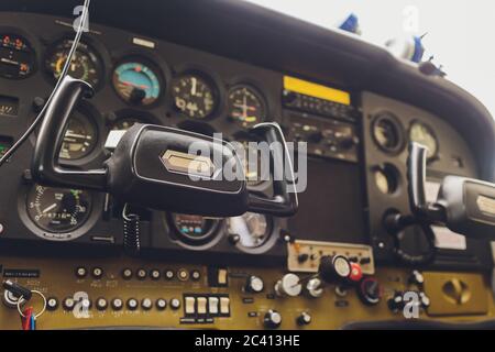 Cockpit helicopter - Instruments panel. Interior of helicopter control ...