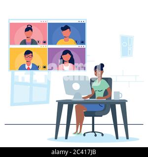 afro man using desktop in virtual conference communication vector ...