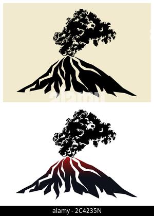 stylized illustration of a volcanic eruption with black clouds of smoke ...