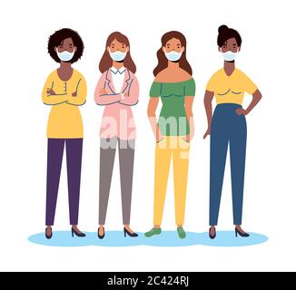 interracial people wearing medical masks and social distancing vector ...