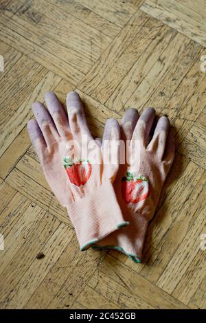 Pair of gardening gloves on wooden planks with green plants. vertical ...
