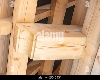 Wooden spruce beams, trusses of wooden house. Natural smell wood, good ...