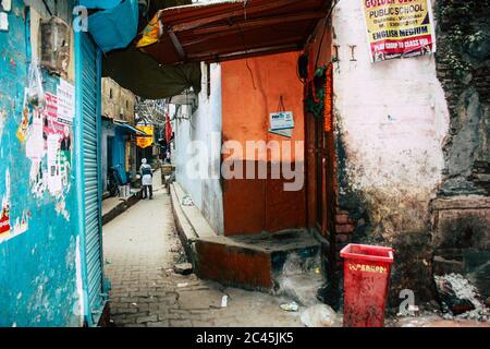 Varanasi India November 10, 2018 View of the traditional narrow street ...