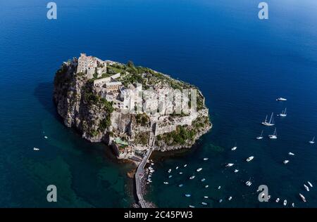 Aerial view, Aragonese Castle, Ischia Porto, Ischia island, Campania ...