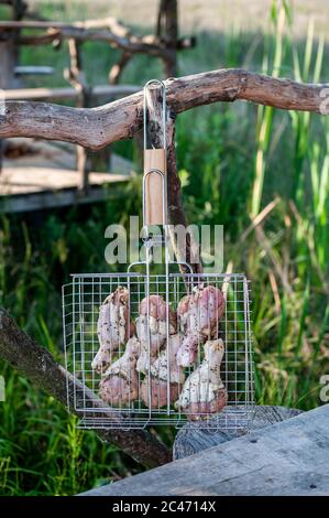 Raw meat in a grid hangs on a tree Stock Photo - Alamy