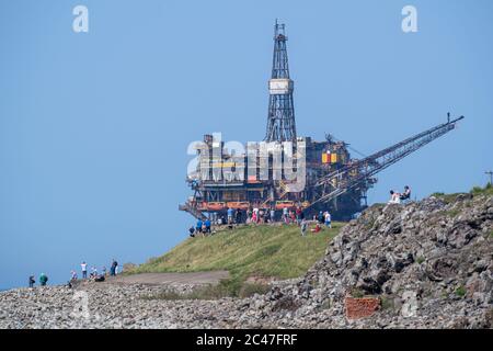 Oil rig topside on barge before sailing, shot from another rig Stock ...