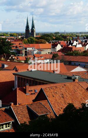 Aerial view of the old brick buildings meeting the tranquil harbor ...