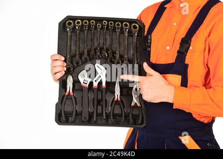 Really good tools. Toolbox talk. Mechanic Tool Box. Man in uniform ...