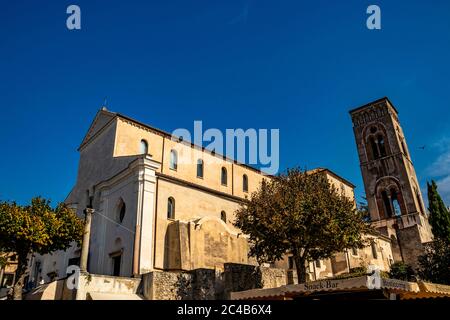 the main square of Ravello, with its ancient Duomo, in the province of ...
