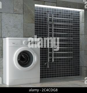 Modern White Washing Machine in Bathroom Interior extreme closeup. 3d ...