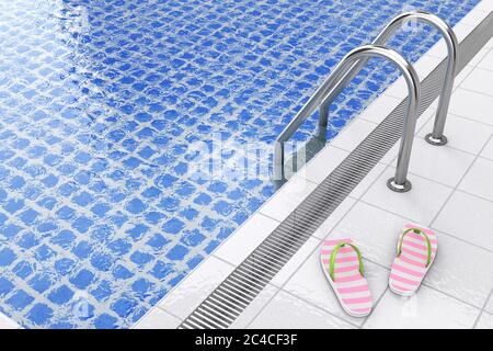 Modern Summer Flip Flops at the Swimming Pool extreme closeup. 3d ...
