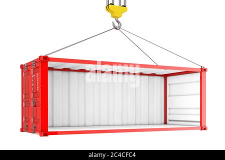 Empty Red Shipping Container with Removed Side Wall During Transportation with Crane Hook on a ...