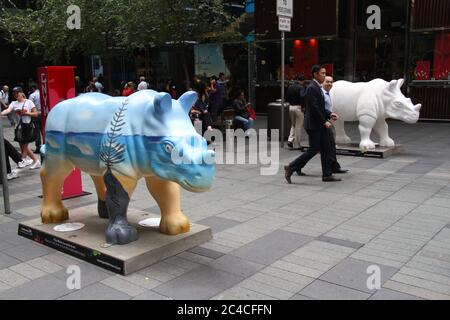 Two rhino sculptures at Pitt Street Mall: ‘Home and Away’ sponsored by ...