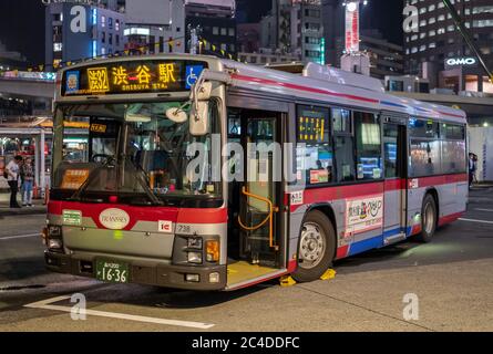 Local public bus at Shibuya Station, Tokyo, Japan at night Stock Photo ...