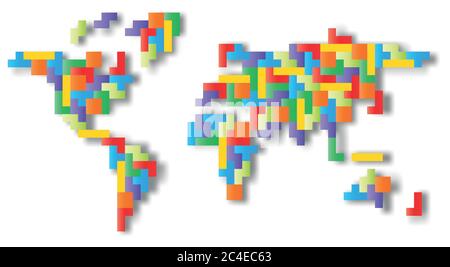 World map mosaic of colorful tetris blocks. Flat vector illustration ...