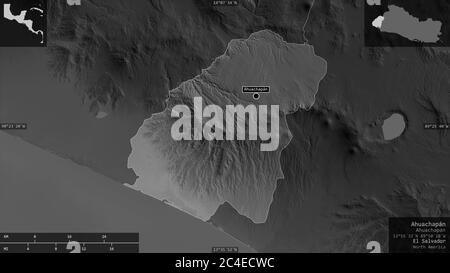 Ahuachapán, department of El Salvador. Grayscaled map with lakes and ...