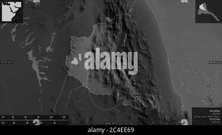 Anseba, region of Eritrea. Grayscaled map with lakes and rivers. Shape ...