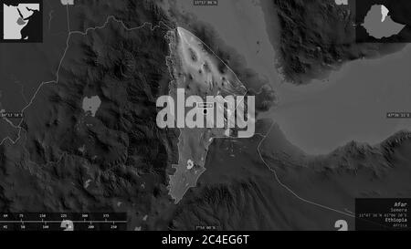 Afar, state of Ethiopia. Grayscaled map with lakes and rivers. Shape ...