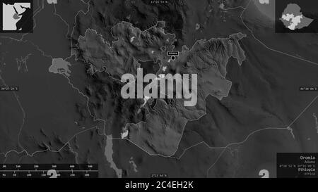 Oromia, state of Ethiopia. Grayscaled map with lakes and rivers. Shape ...