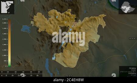 Oromia, state of Ethiopia. Colored shader data with lakes and rivers ...