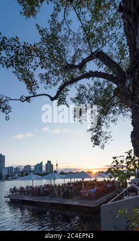 Wien, Vienna: floating restaurant Strandcafe, oxbow lake Alte Donau ...