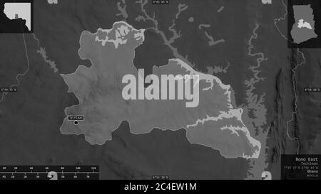 Bono East, region of Ghana. Grayscaled map with lakes and rivers. Shape ...