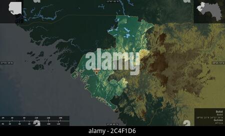 Boké, region of Guinea. Colored relief with lakes and rivers. Shape ...