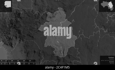 Kankan, region of Guinea. Grayscaled map with lakes and rivers. Shape ...