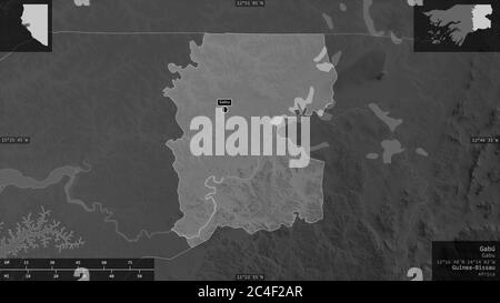 Gabú, region of Guinea-Bissau. Grayscaled map with lakes and rivers ...