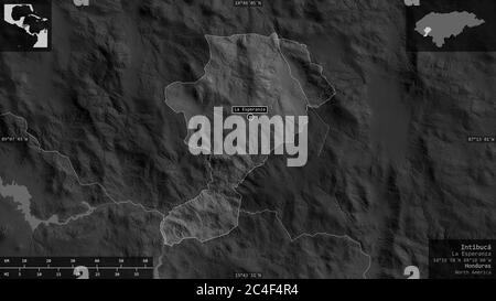 Intibucá, department of Honduras. Grayscaled map with lakes and rivers ...