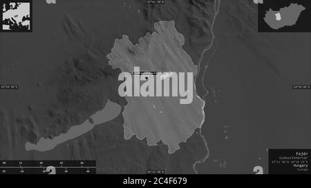 Fejér, county of Hungary. Grayscaled map with lakes and rivers. Shape ...