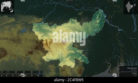 Jharkhand, state of India. Colored relief with lakes and rivers. Shape ...
