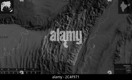 Manipur, state of India. Grayscaled map with lakes and rivers. Shape ...