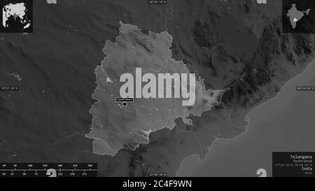 Telangana, state of India. Grayscaled map with lakes and rivers. Shape ...