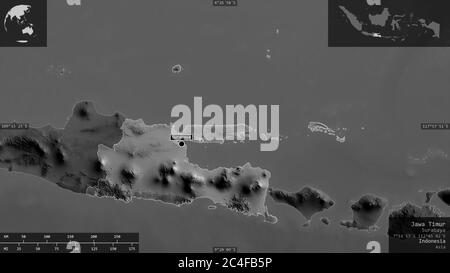 Jawa Timur, province of Indonesia. Grayscale elevation map with lakes and rivers. Locations and ...