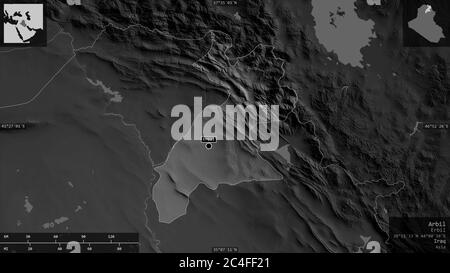 Arbil, province of Iraq. Grayscaled map with lakes and rivers. Shape ...