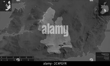 Tipperary, county of Ireland. Grayscaled map with lakes and rivers ...