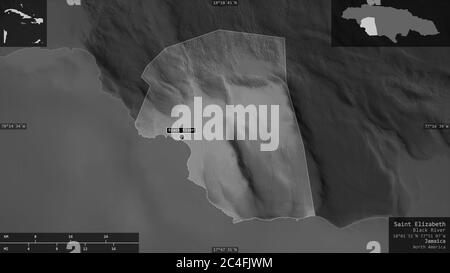 Saint Elizabeth, parish of Jamaica. Grayscaled map with lakes and ...