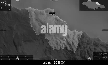 Saint Mary, parish of Jamaica. Grayscale elevation map with lakes and ...
