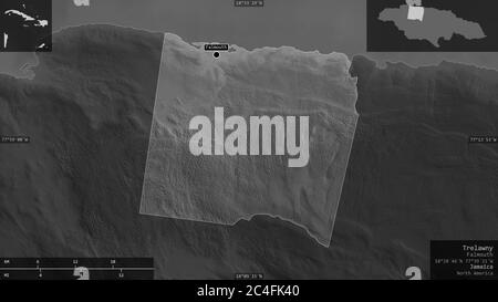 Trelawny, parish of Jamaica. Grayscaled map with lakes and rivers ...