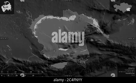 Almaty, region of Kazakhstan. Grayscaled map with lakes and rivers ...
