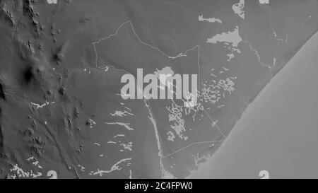 Garissa, county of Kenya. Grayscaled map with lakes and rivers. Shape ...