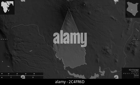Kirinyaga, county of Kenya. Grayscaled map with lakes and rivers. Shape ...