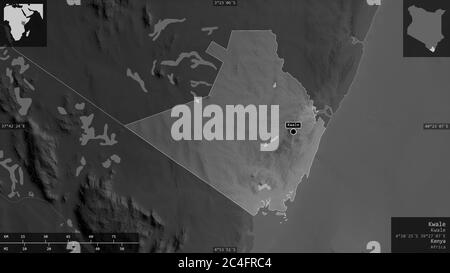 Kwale, county of Kenya. Grayscaled map with lakes and rivers. Shape ...